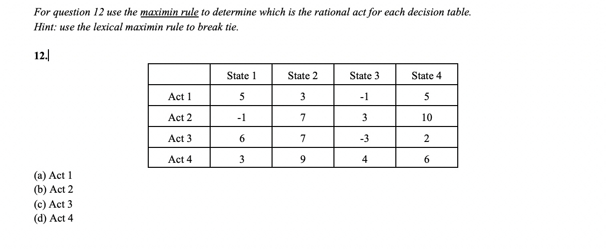 Solved For question 12 use the maximin rule to determine | Chegg.com