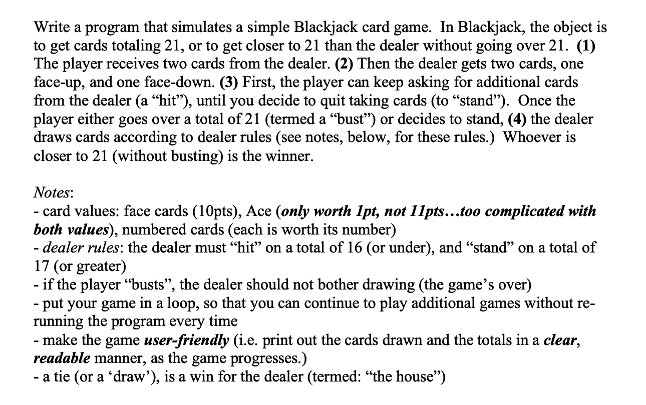 Write a program that simulates a simple Blackjack | Chegg.com
