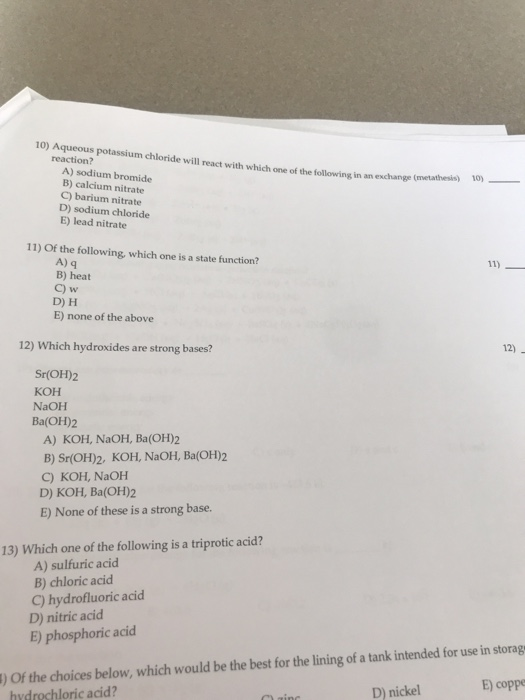 Solved 10) Aqueous potassium chloride will react with which | Chegg.com