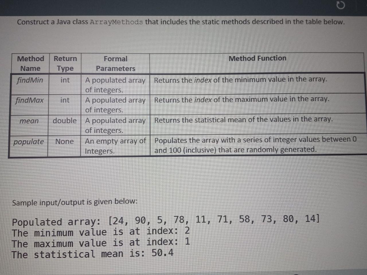 Solved o Construct a Java class ArrayMethods that includes | Chegg.com