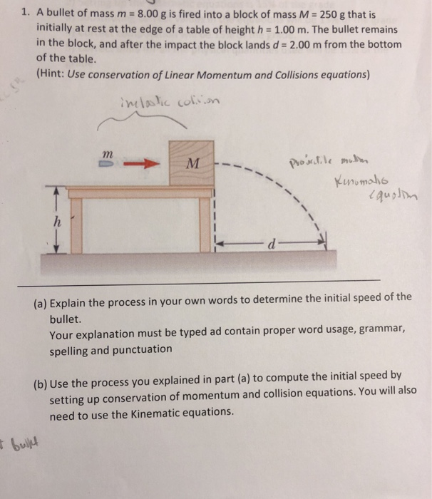 Solved 1. A bullet of mass m- 8.00 g is fired into a block | Chegg.com