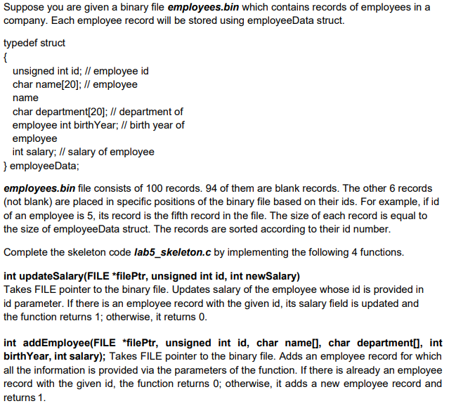 int delete Employee(FILE *filePtr, unsigned int | Chegg.com