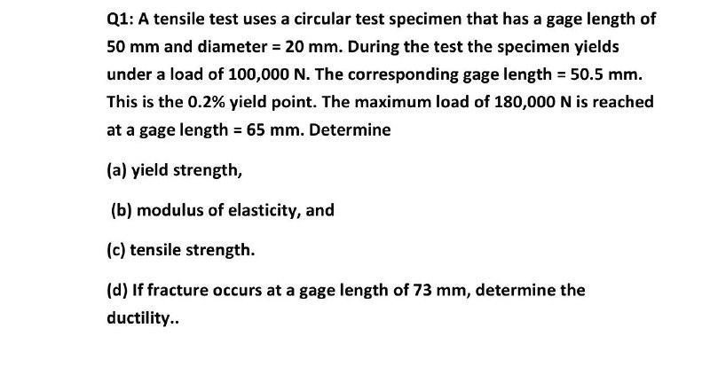 Solved Q1: A tensile test uses a circular test specimen that | Chegg.com