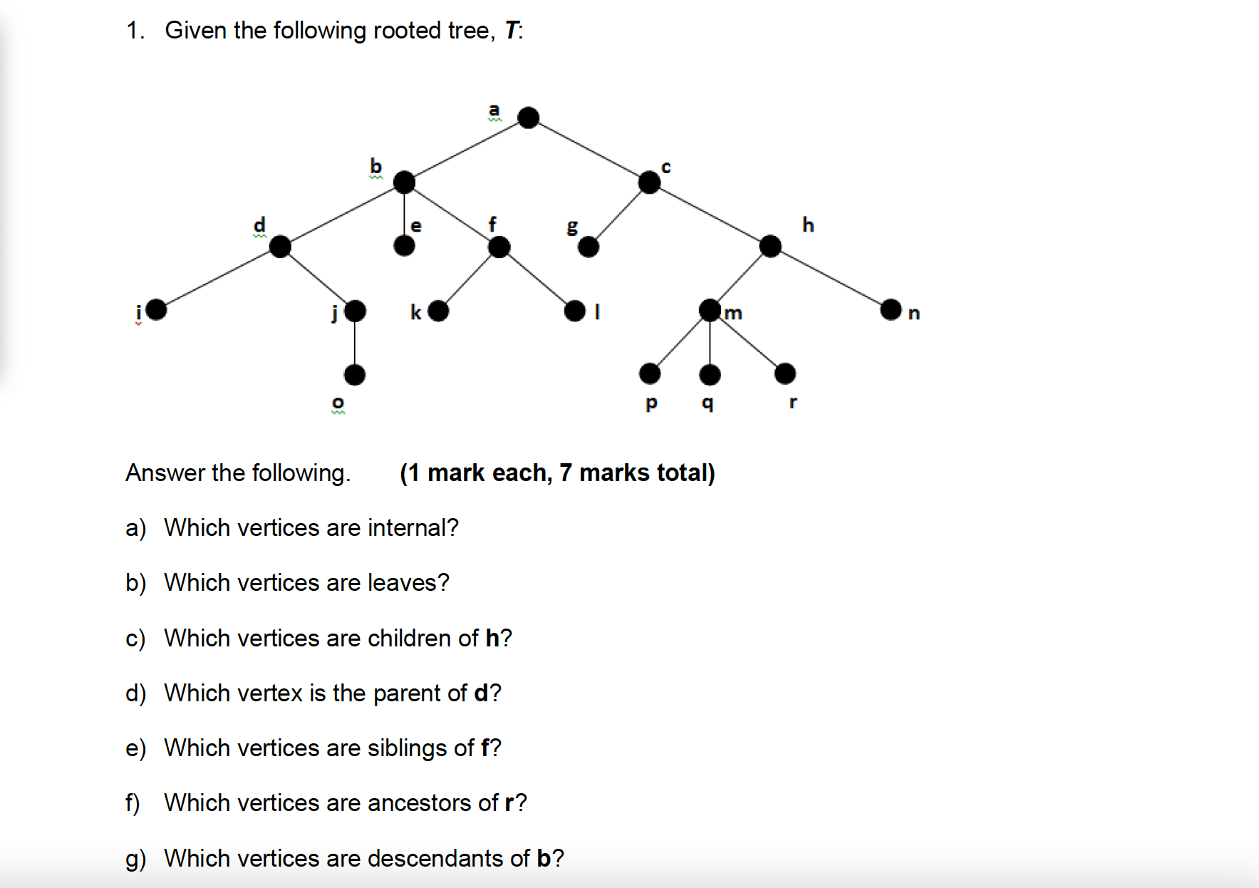 Solved 1. Given the following rooted tree, T : Answer the | Chegg.com