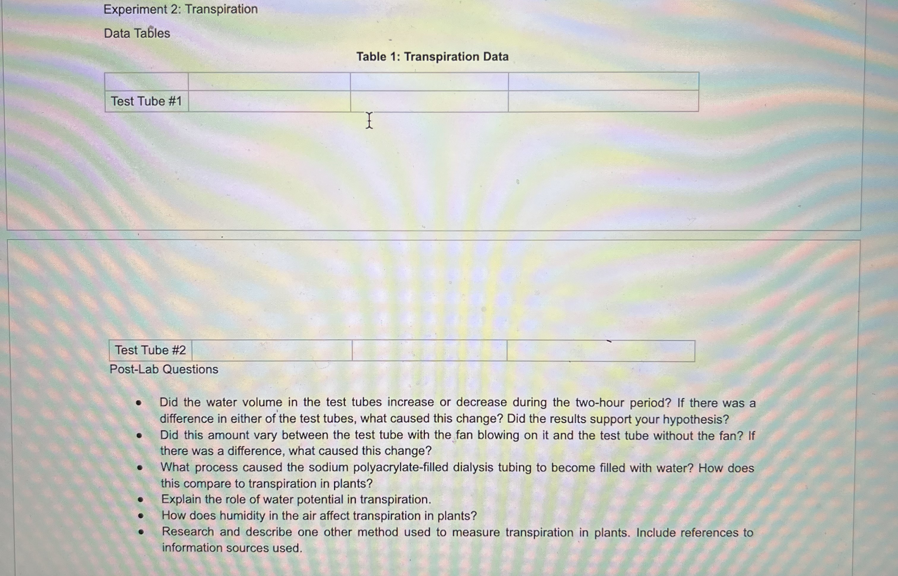 Solved Experiment 2: TranspirationData TabilesTable 1: | Chegg.com