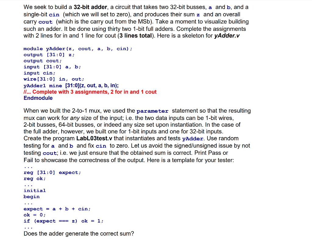 verilog programming help: this is yAdder: module | Chegg.com
