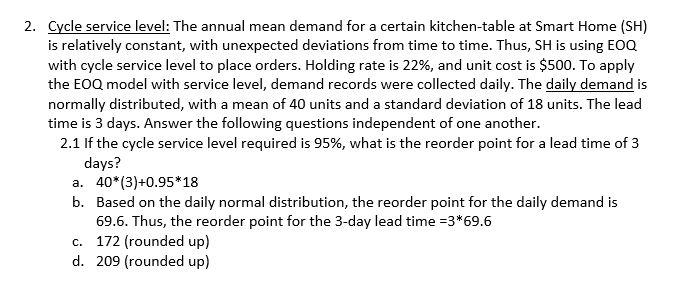 Solved 2. Cycle service level: The annual mean demand for a | Chegg.com