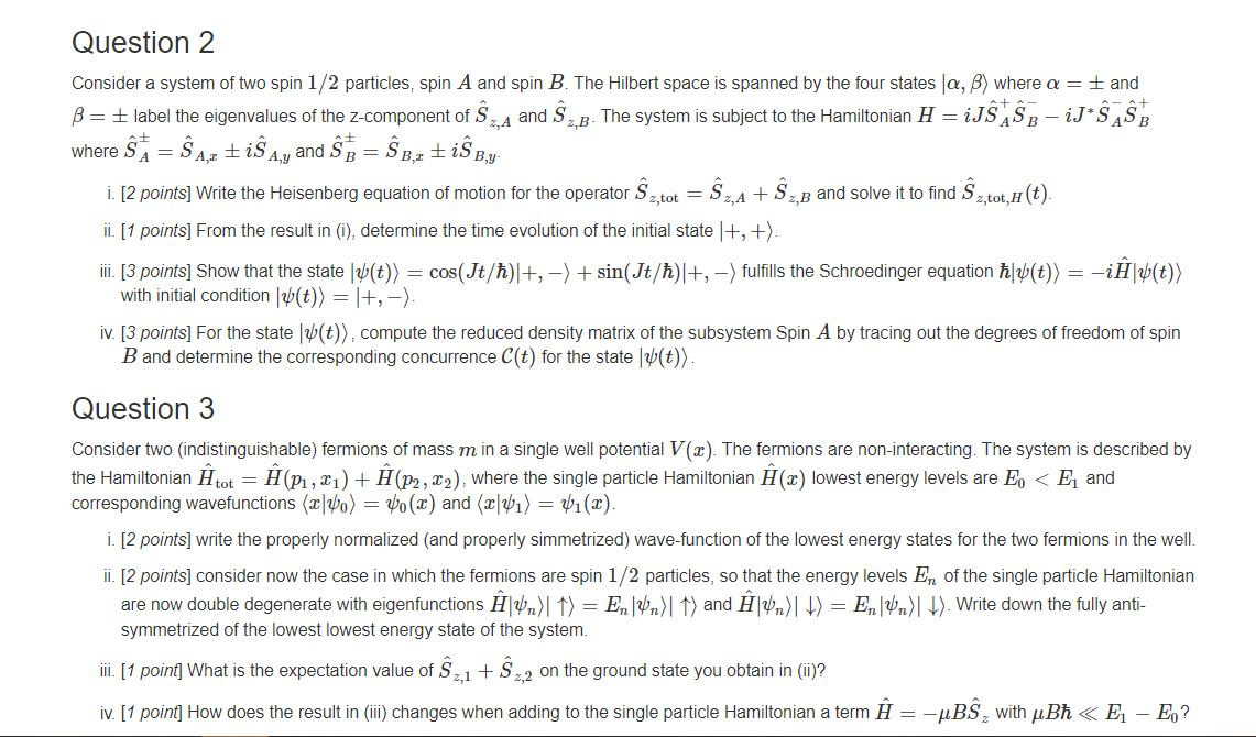 Question 2 Consider a system of two spin 1/2 | Chegg.com