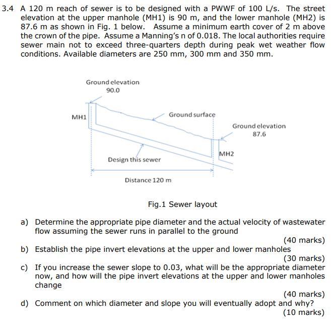 Solved 3.4 A 120 m reach of sewer is to be designed with a | Chegg.com