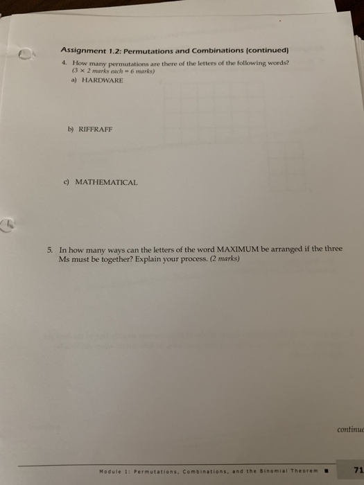 Assignment 1.2 Permutations and Combinations Total: | Chegg.com