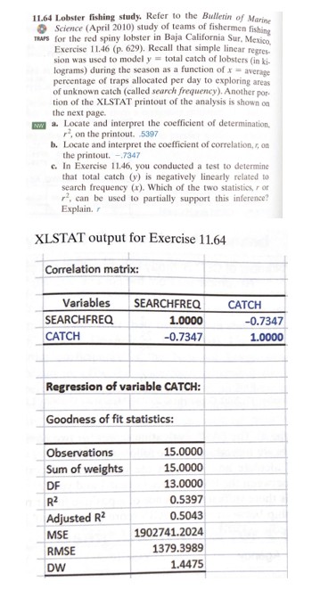 Solved 11.64 ﻿Lobster fishing study. Refer to the Bulletin | Chegg.com