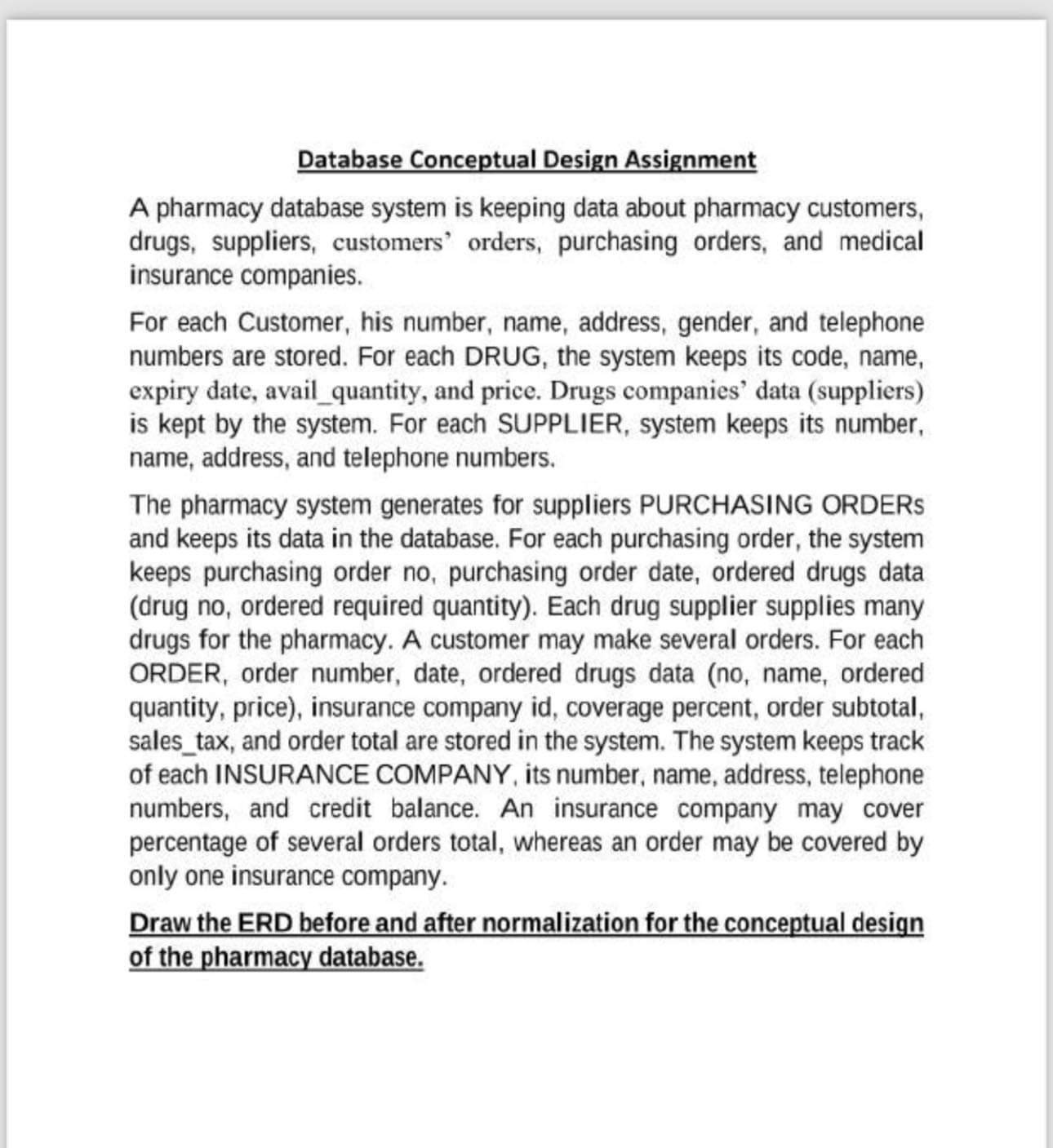 Solved Database Conceptual Design Assignment A pharmacy | Chegg.com