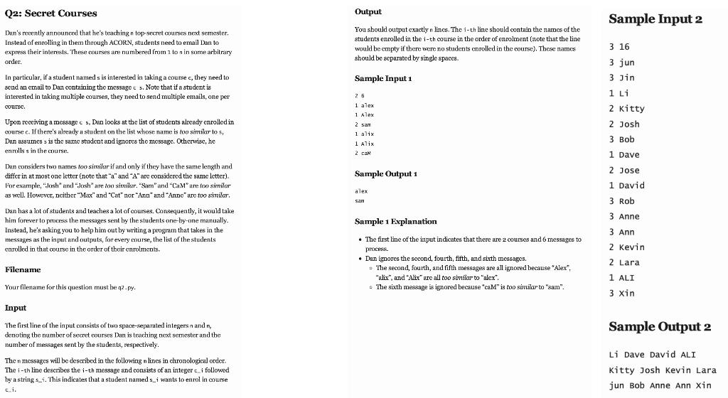 Solved Q2: Secret Courses Sample Input 2 | Chegg.com