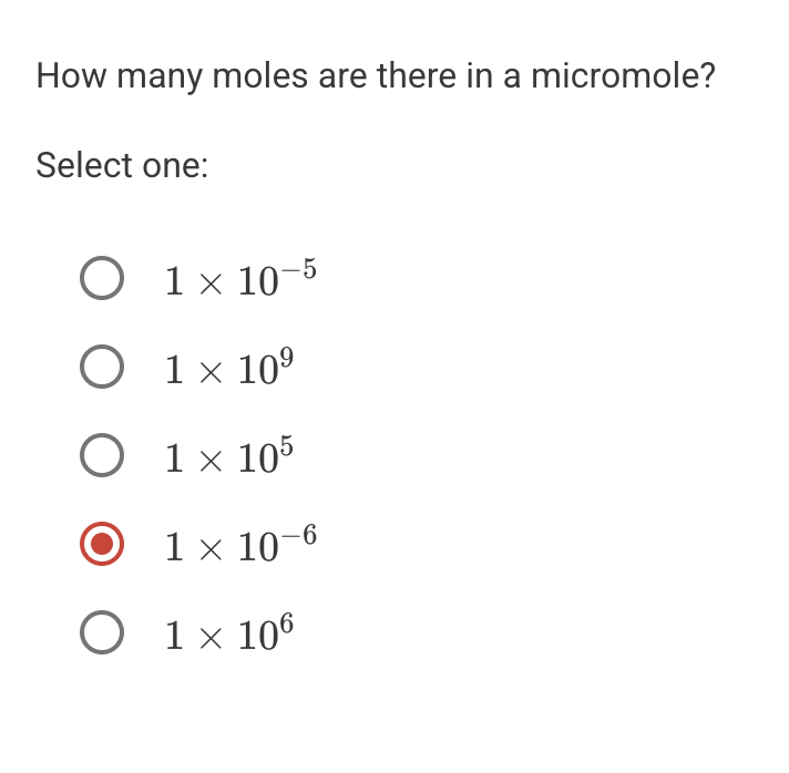 Solved How many moles are there in ﻿a micromole?Select | Chegg.com