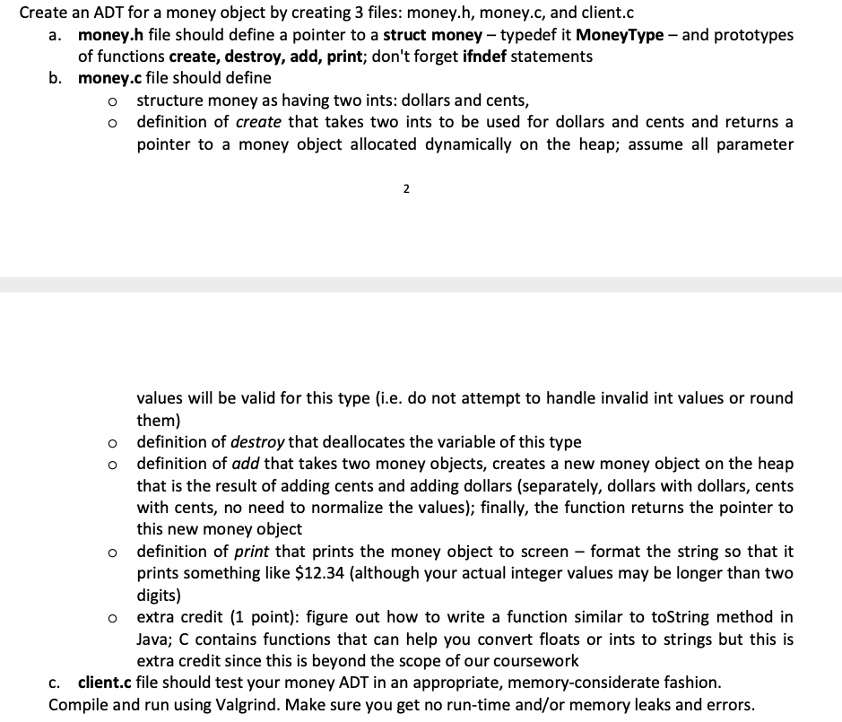 Solved Create an ADT for a money object by creating 3 files: | Chegg.com