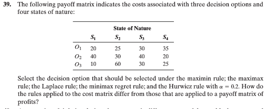 39. The following payoff matrix indicates the costs | Chegg.com