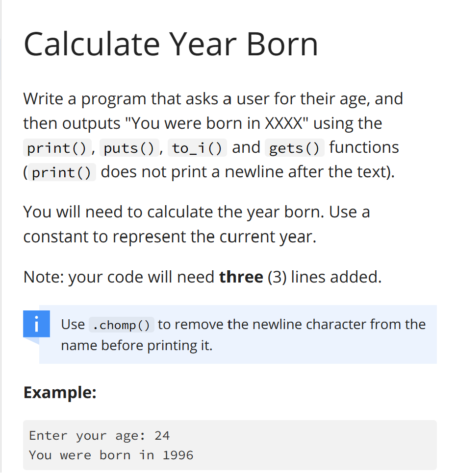 Solved Calculate Year Born Write a program that asks a user | Chegg.com