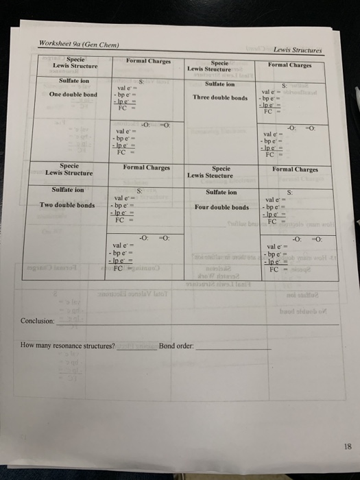 Solved Worksheet 9a (Gen Chem) Lewis Structures Specie Lewis | Chegg.com