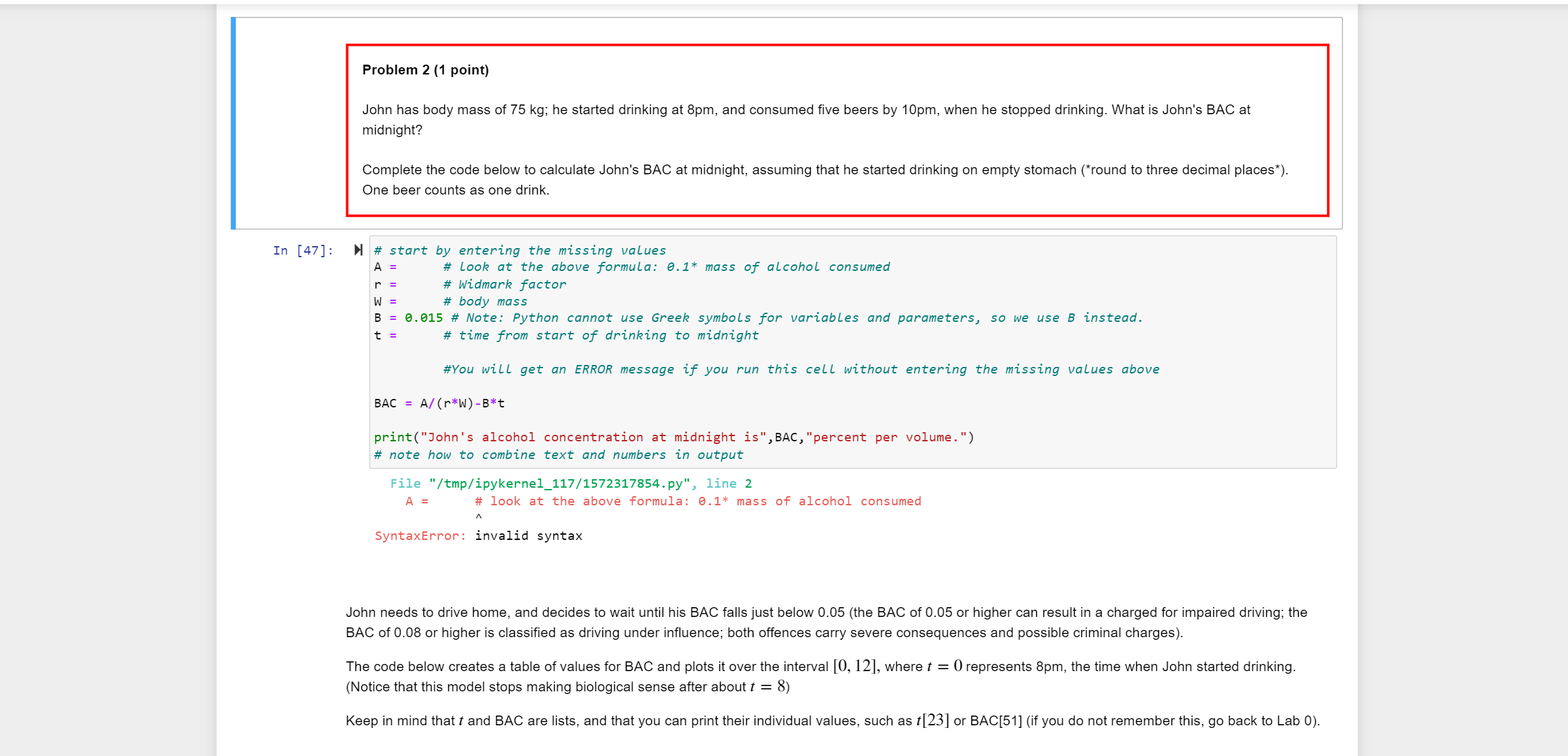 Solved Problem \# 2: Enter the value of John's BAC at | Chegg.com