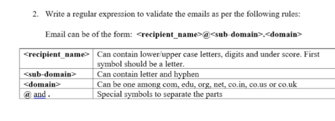 Solved 2. Write a regular expression to validate the emails | Chegg.com