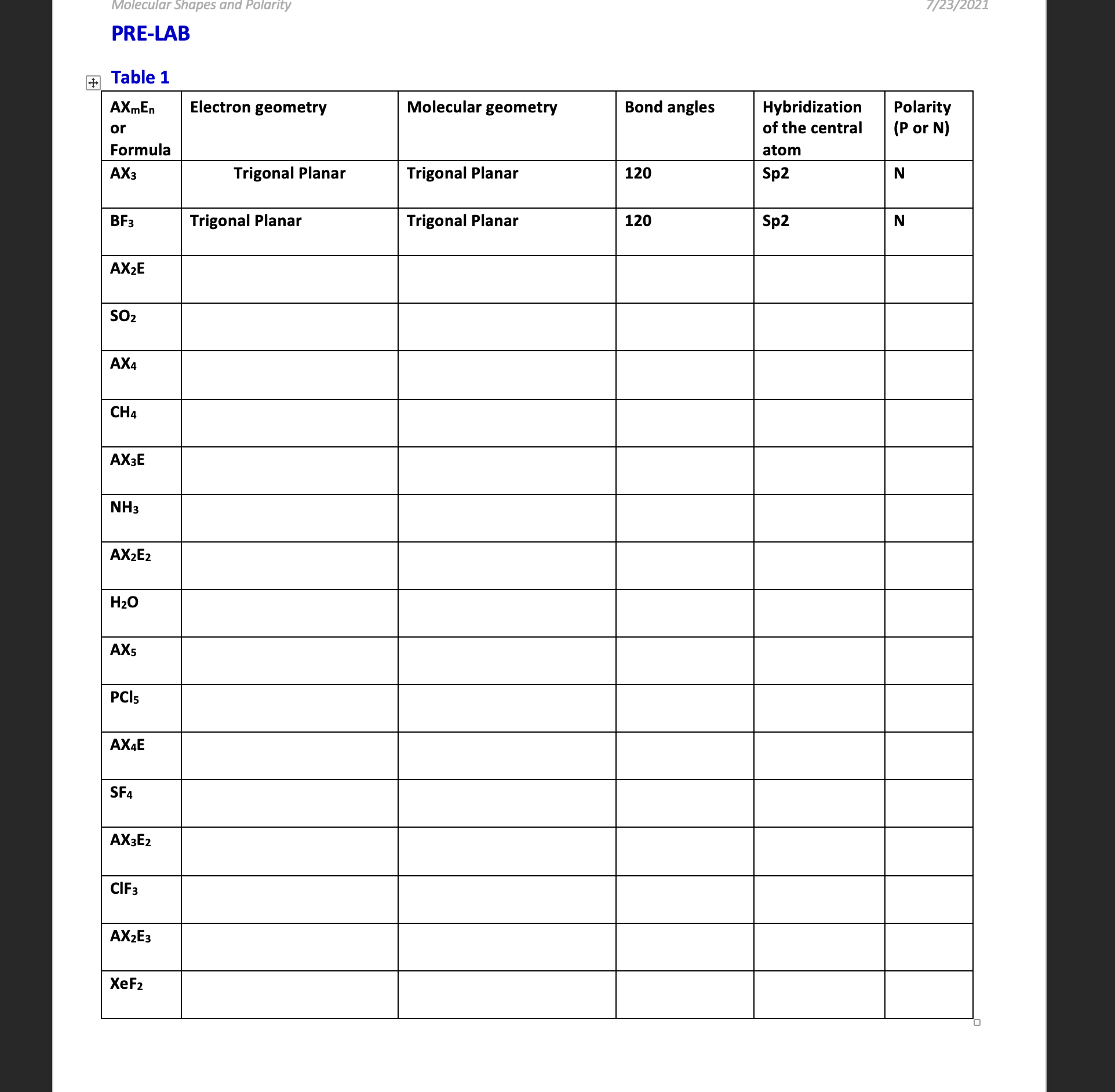 PRE-LAB Table 1 | Chegg.com