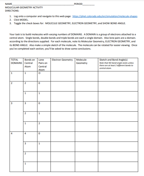NAME PERIOD MOLECULAR GEOMETRY ACTIVITY DIRECTIONS: | Chegg.com
