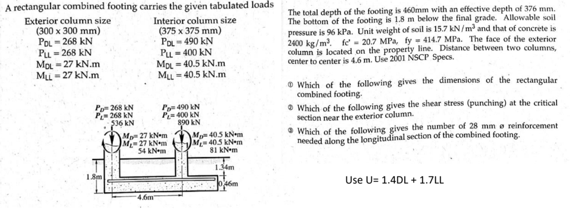 Solved A rectangular combined footing carries the given | Chegg.com