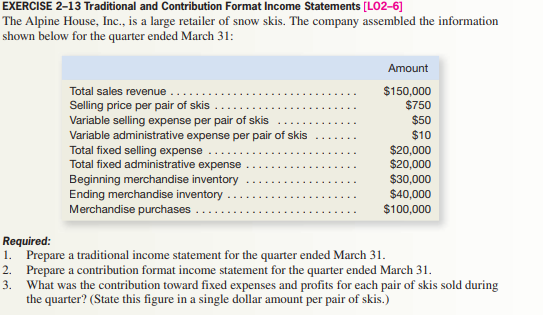 Solved EXERCISE 2-13 Traditional and Contribution Format | Chegg.com Solved EXERCISE 2-13 Traditional and Contribution Format | Chegg.com