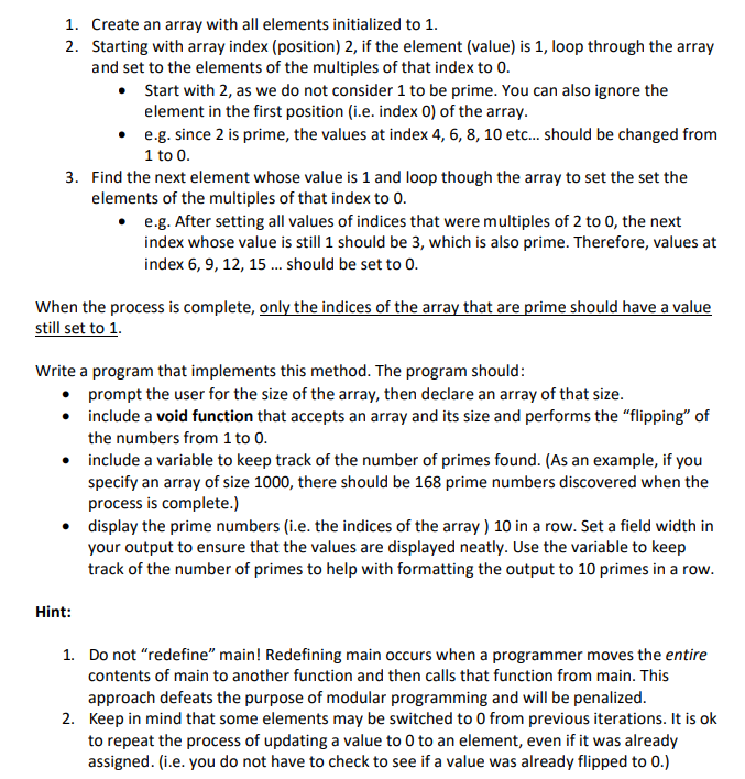 Solved 1. Create an array with all elements initialized to | Chegg.com