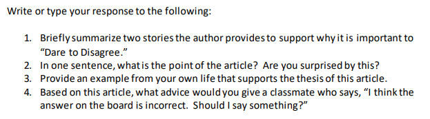 Solved Write or type your response to the following: 1. | Chegg.com