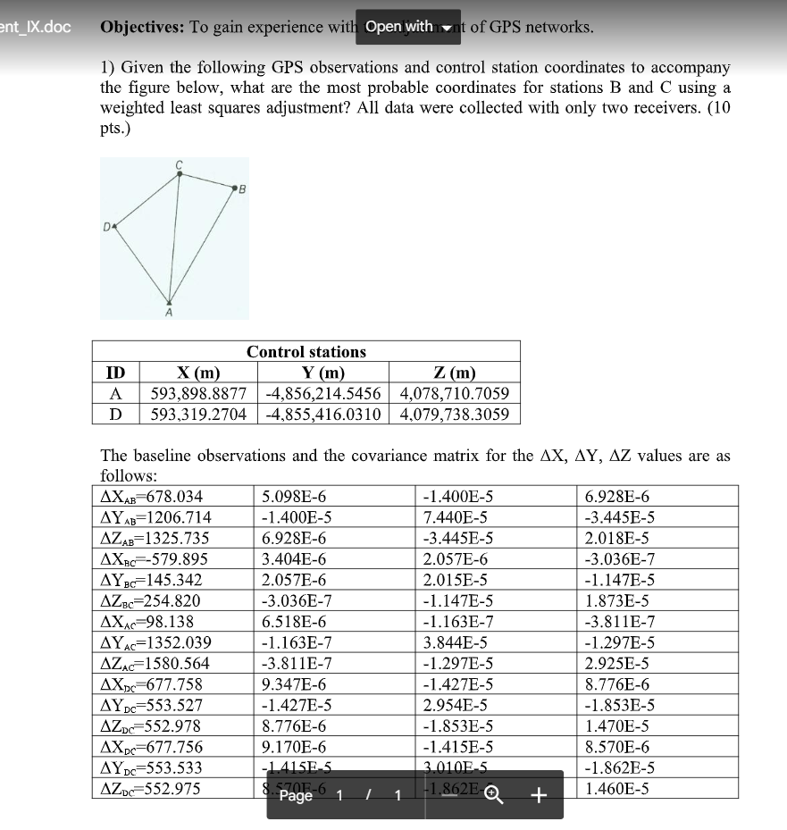 Solved 1) Given the following GPS observations and control | Chegg.com