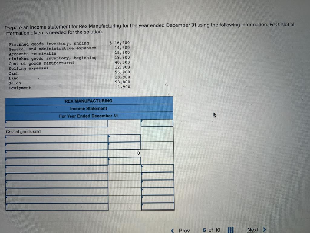 Solved Prepare an income statement for Rex Manufacturing for | Chegg.com