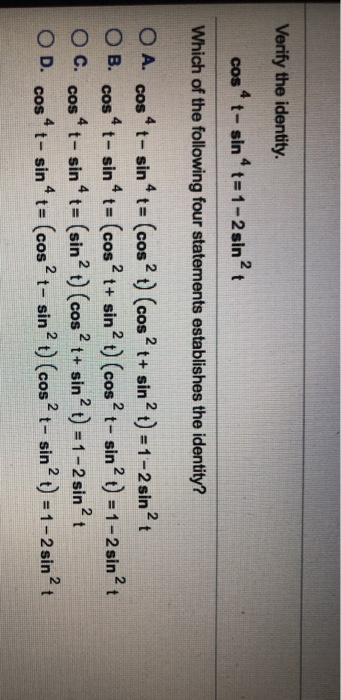 Solved Verify the identity. 1-sin2 t sin t cos tcot t= Which | Chegg.com
