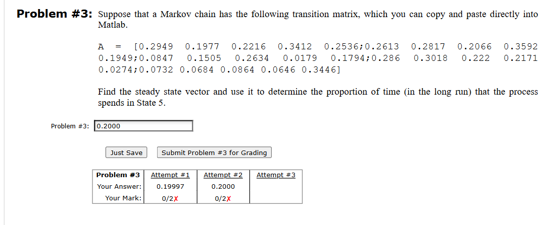 Solved Problem #3: Suppose that a Markov chain has the | Chegg.com