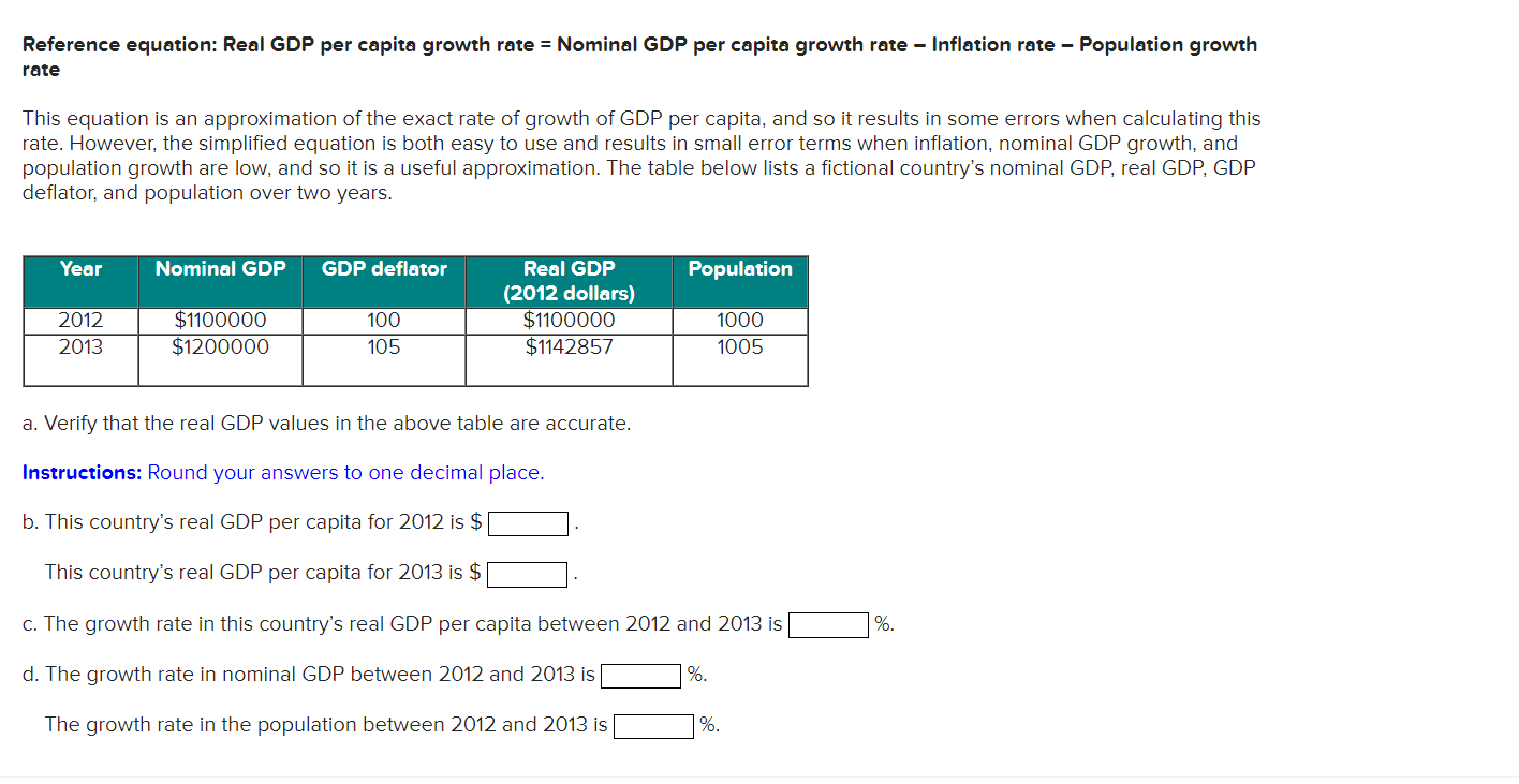 Solved Reference equation: Real GDP per capita growth rate = | Chegg.com