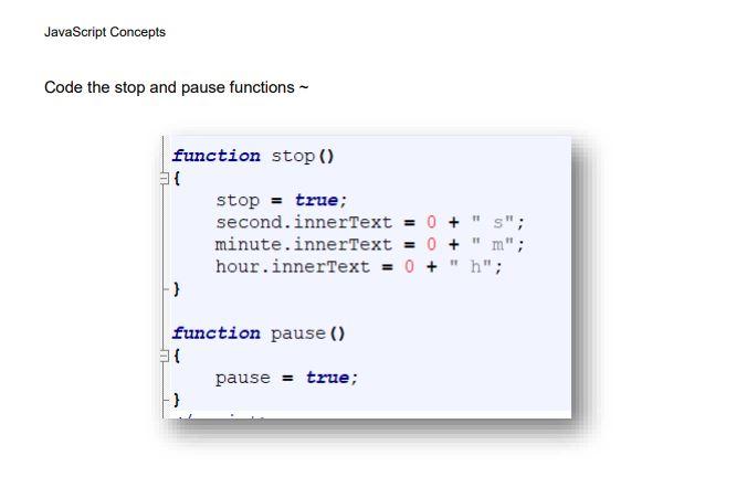 Solved JavaScript Concepts Create a "Stopwatch" using | Chegg.com
