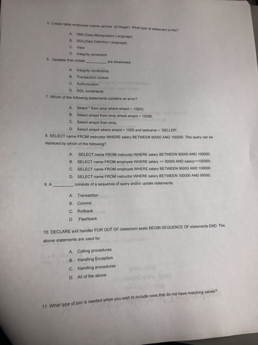 Solved Create table employee (name varchar id integer). What | Chegg.com