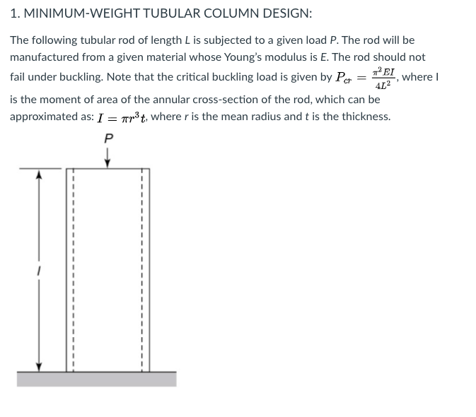 Solved 1. MINIMUM-WEIGHT TUBULAR COLUMN DESIGN: The | Chegg.com