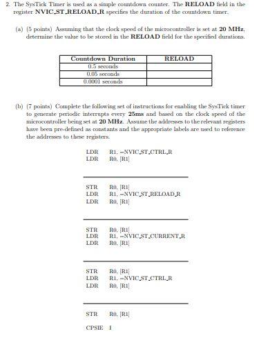 2. The SysTick Timer is used as a simple countdown | Chegg.com
