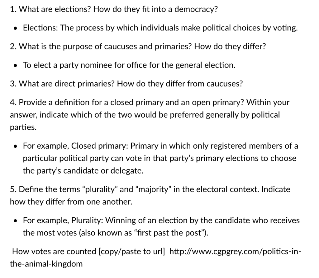 1. What are elections? How do they fit into a | Chegg.com