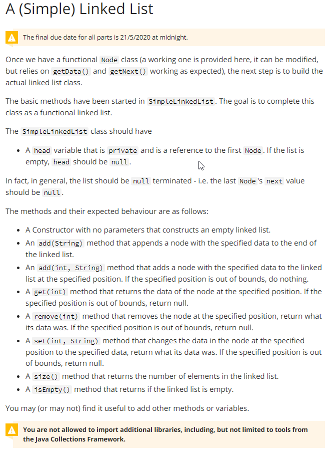 Solved A (Simple) Linked List A The final due date for all | Chegg.com