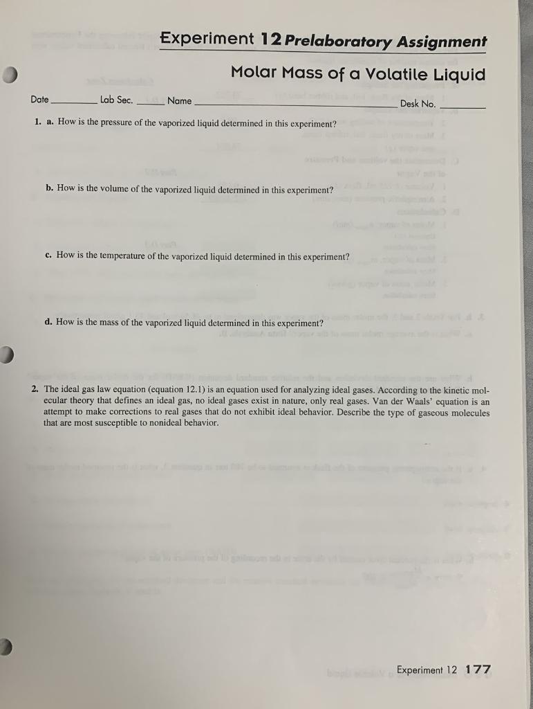 [Solved]: Molar Mass of a Volatile Liquid Date Lab Sec. Na