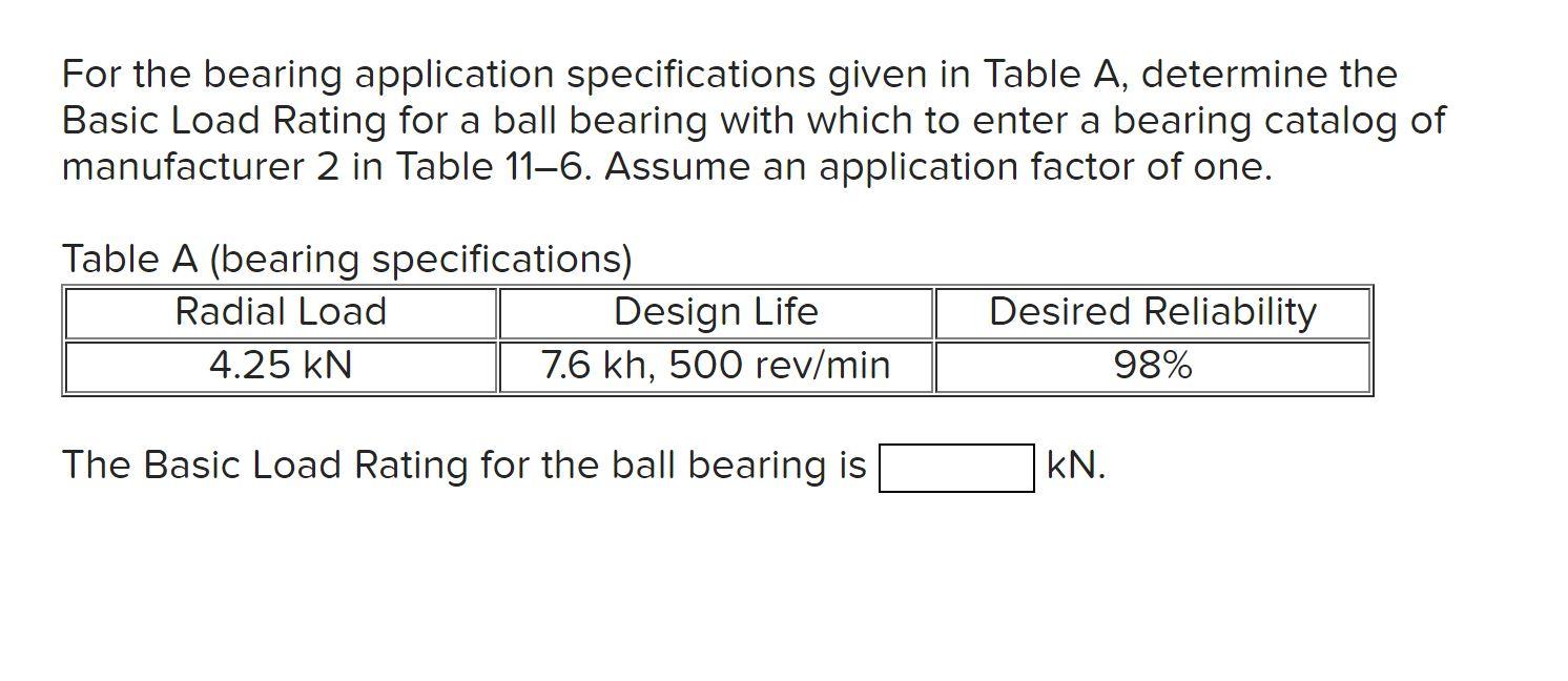Solved For the bearing application specifications given in | Chegg.com