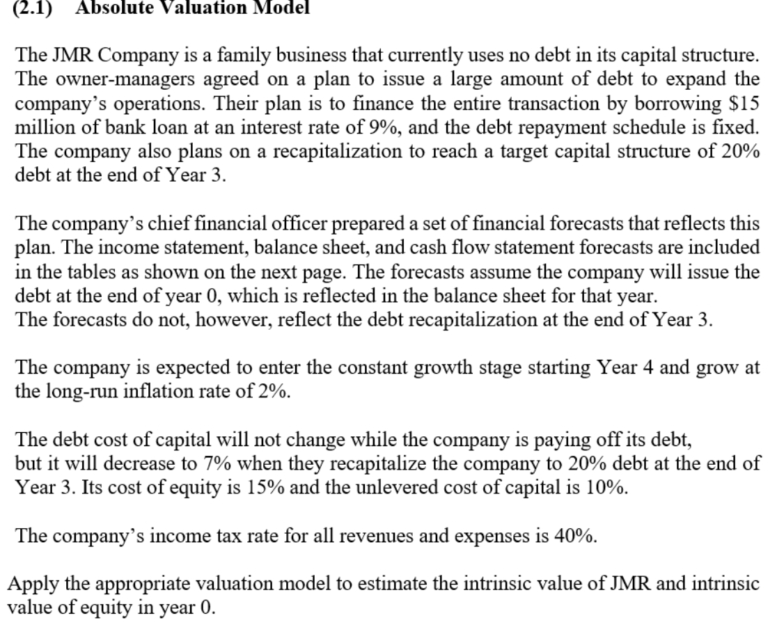 (2.1) Absolute Valuation Model The JMR Company is a | Chegg.com