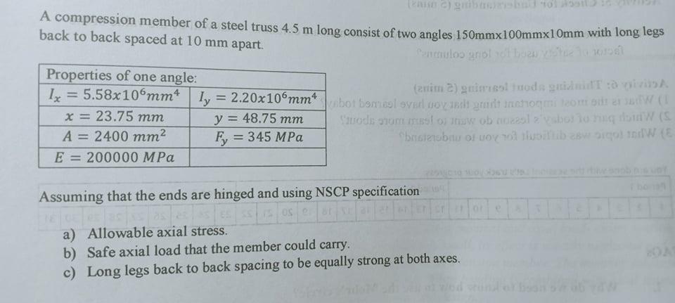 Solved A compression member of a steel truss 4.5 m long | Chegg.com