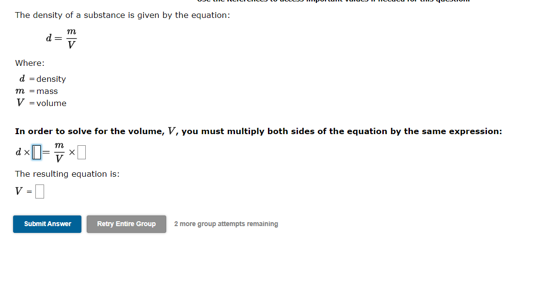 Solved The density of a substance is given by the equation: | Chegg.com