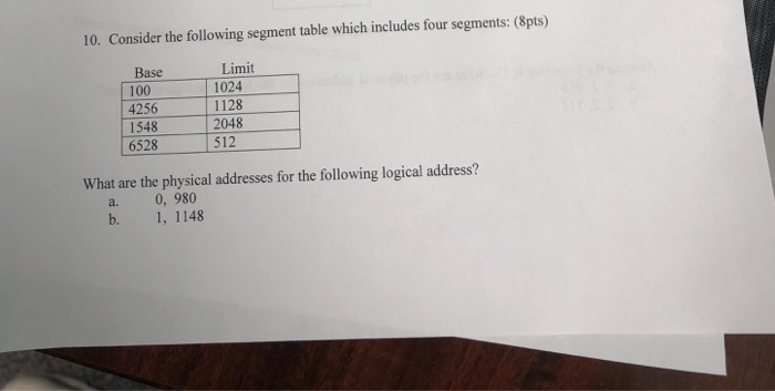 Solved 10 Consider The Following Segment Table Which 