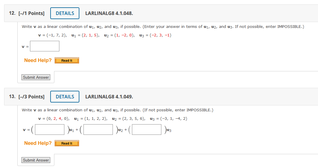 Solved [-/1 Points] LARLINALG8 4.1.048. Write v as a linear | Chegg.com