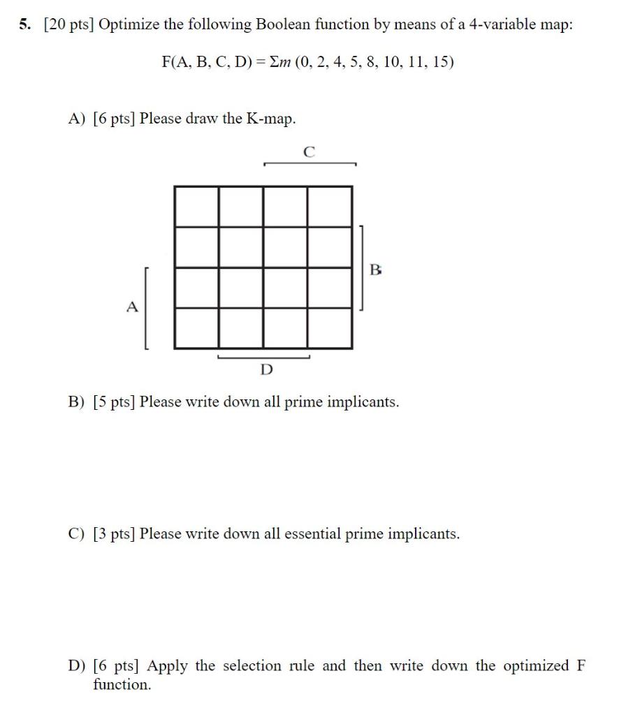 Solved 5. [20 pts] Optimize the following Boolean function | Chegg.com