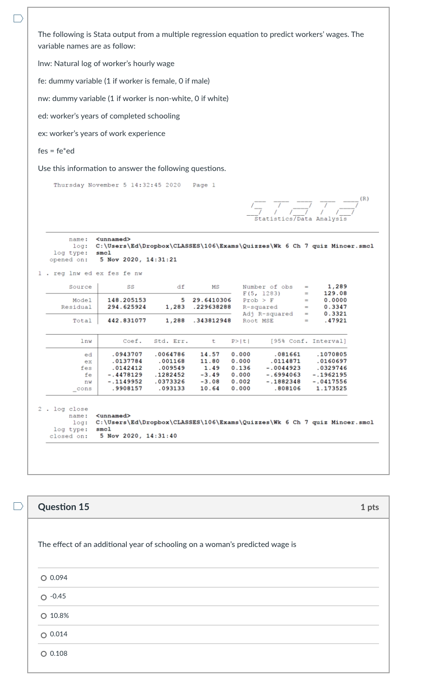 Solved The following is Stata output from a multiple | Chegg.com